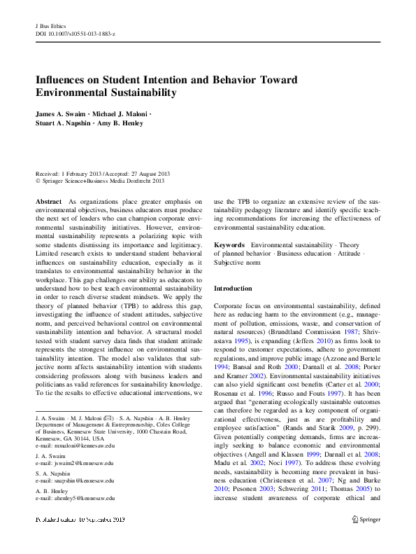 (PDF) Influences on Student Intention and Behavior Toward Environmental Sustainability