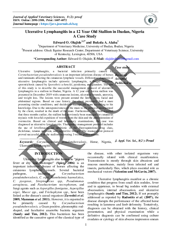 (PDF) Ulcerative Lymphangitis in a 12 Year Old Stallion in Ibadan, Nigeria A Case Study
