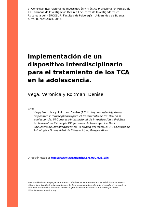 (PDF) Implementación De Un Dispositivo Interdisciplinario Para El Tratamiento De Los Tca en La ...