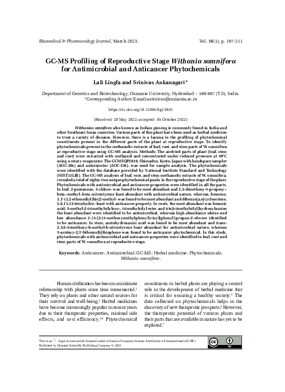 (PDF) GC-MS Profiling of Reproductive Stage Withania somnifera for ...