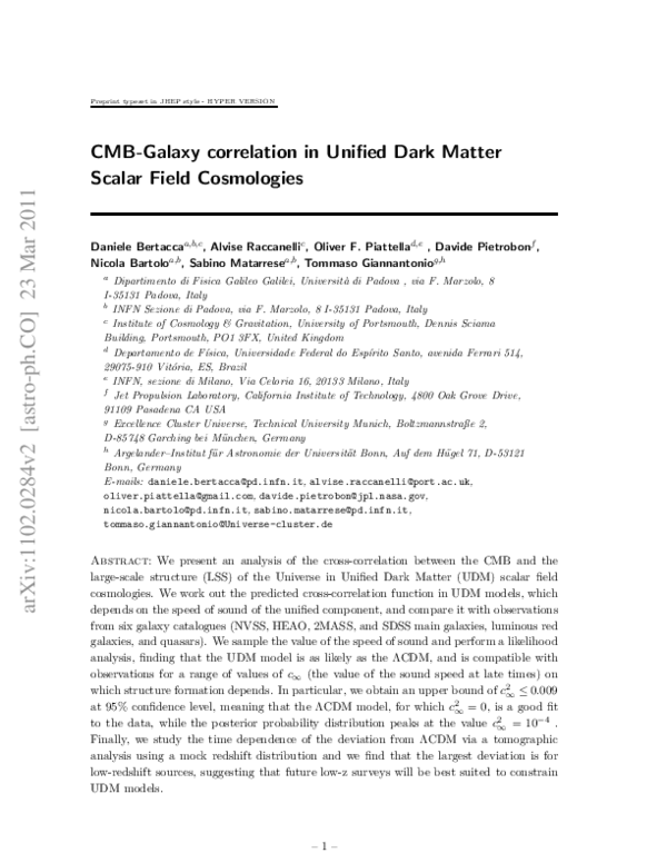 Pdf Cmb Galaxy Correlation In Unified Dark Matter