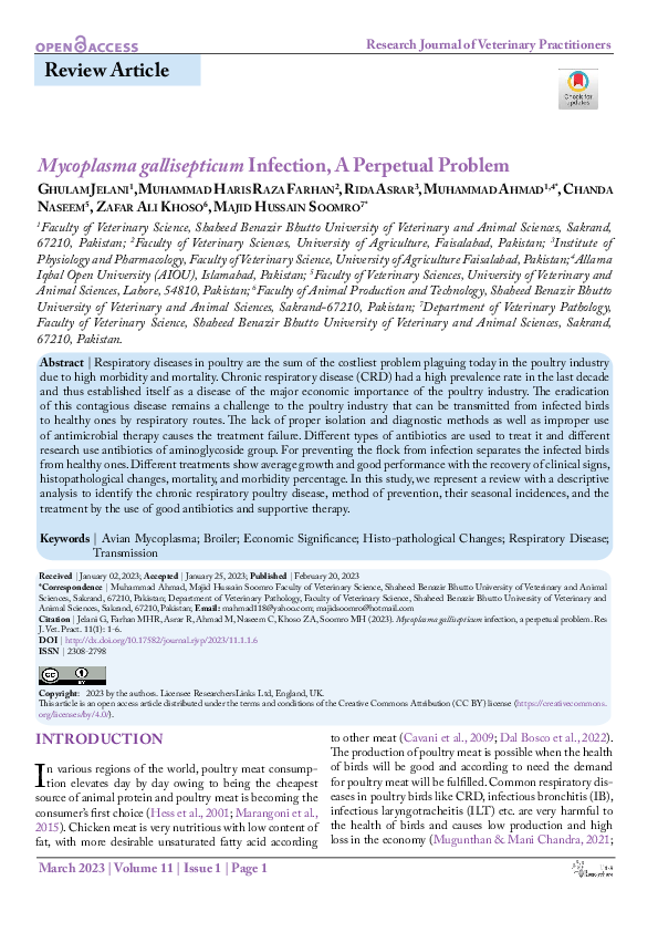 (PDF) Mycoplasma gallisepticum Infection, A Perpetual Problem