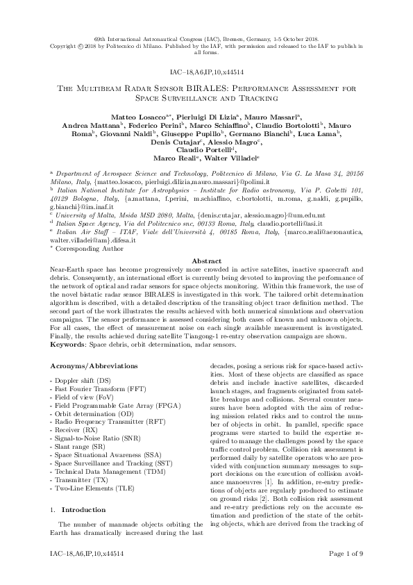 (PDF) The Multibeam Radar Sensor BIRALES: Performance Assessment for ...