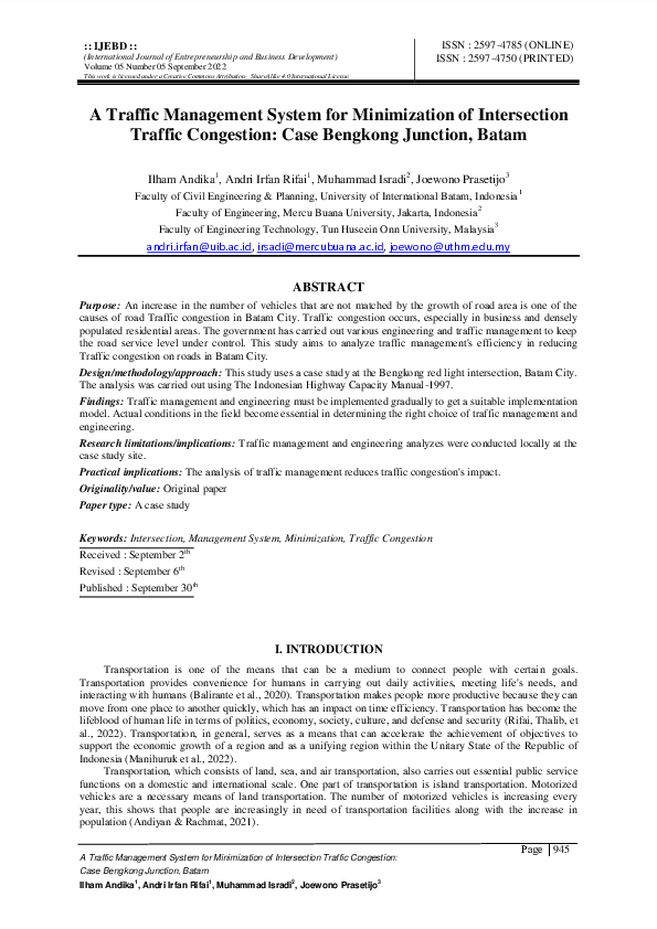 (PDF) A Traffic Management System for Minimization of Intersection Traffic Congestion: Case ...