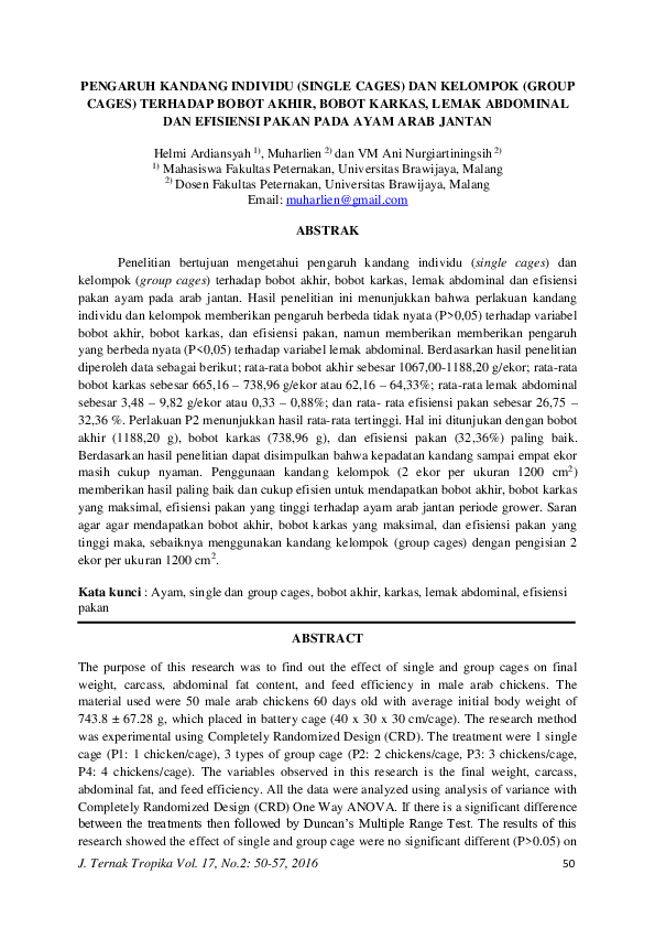 (PDF) Pengaruh Kandang Individu (Single Cages) Dan Kelompok (Group Cages) Terhadap Bobot Akhir ...