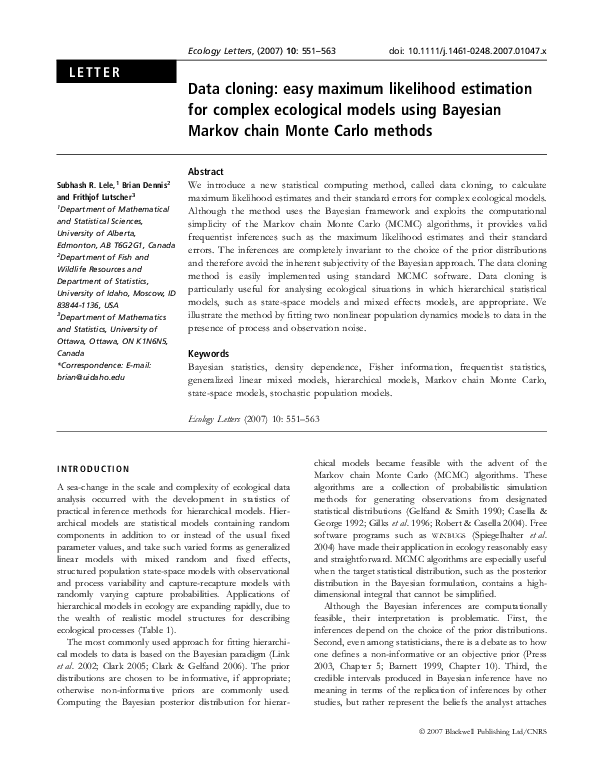 (PDF) Data cloning: easy maximum likelihood estimation for complex ecological models using ...