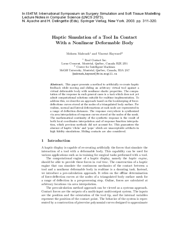 Pdf Haptic Simulation Of A Tool In Contact With A Nonlinear