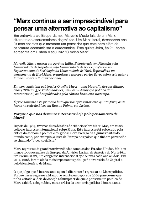 (PDF) Marx continua a ser imprescindível para pensar uma alternativa ao ...