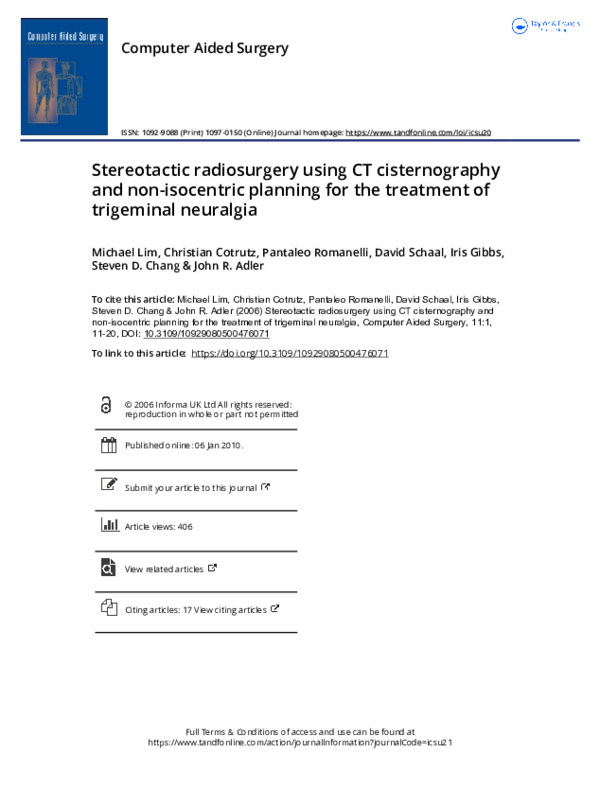 Pdf Stereotactic Radiosurgery Using Ct Cisternography And Non Isocentric Planning For The