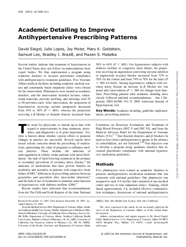 (PDF) Academic detailing to improve antihypertensive prescribing patterns