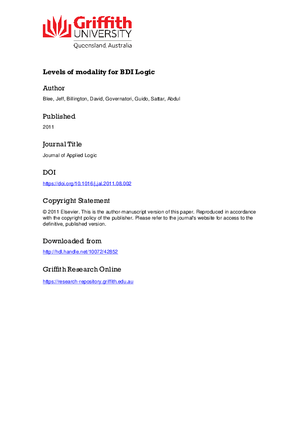 (PDF) Levels of modality for BDI Logic