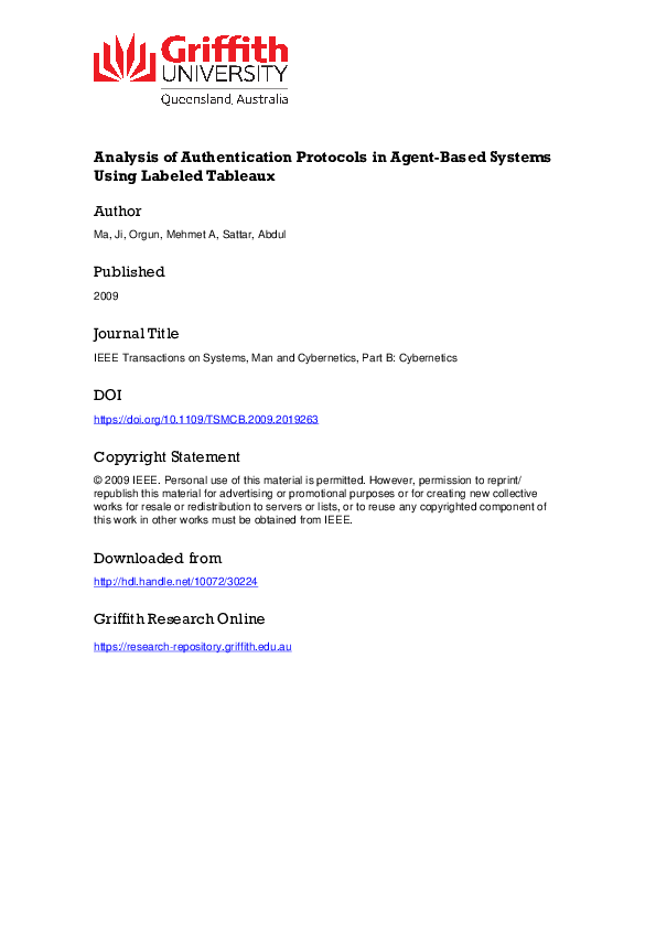 (PDF) Analysis of Authentication Protocols in Agent-Based Systems Using Labeled Tableaux