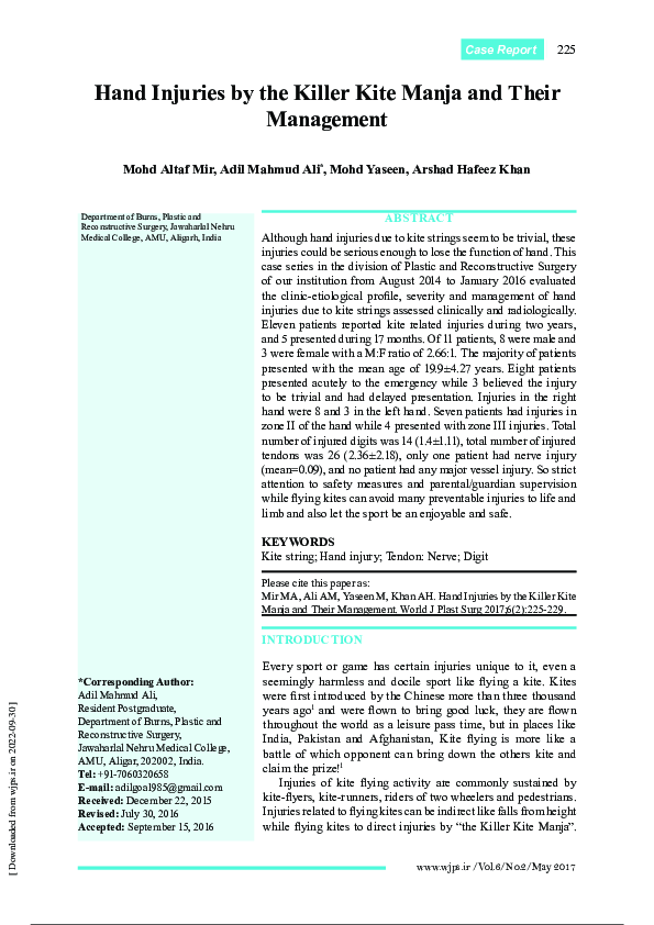 (PDF) Hand Injuries by the Killer Kite Manja and Their Management