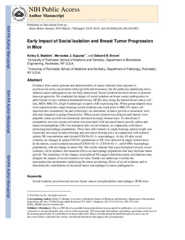 (PDF) Early impact of social isolation and breast tumor progression in mice