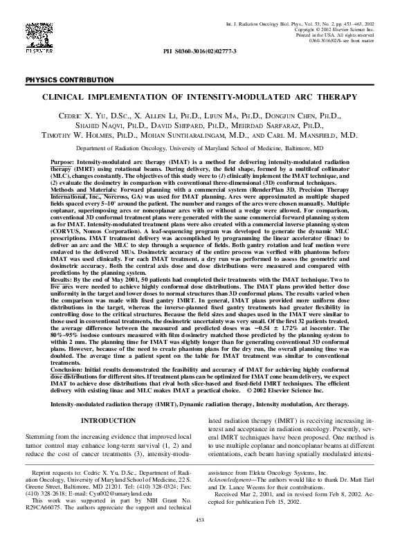 (PDF) Clinical implementation of intensity-modulated arc therapy