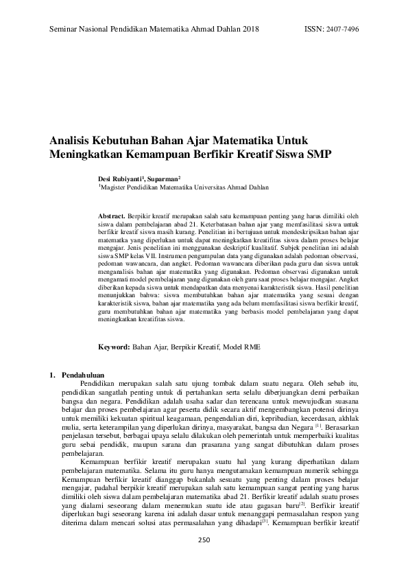 (PDF) Analisis Kebutuhan Bahan Ajar Matematika Untuk Meningkatkan Berpikir Kritis Dan Kreatif Siswa