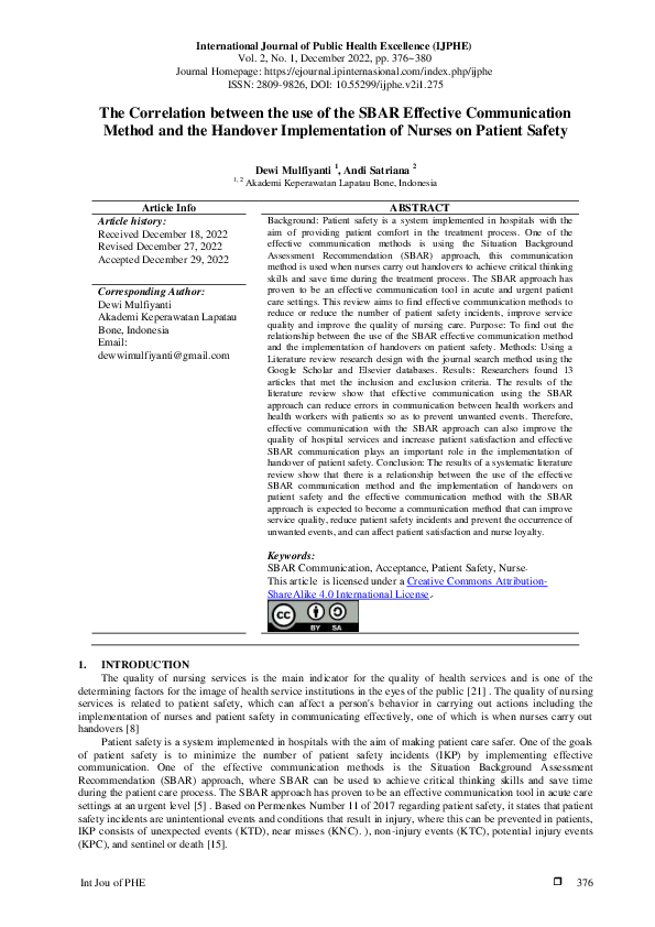 (PDF) The Correlation between the use of the SBAR Effective Communication Method and the ...