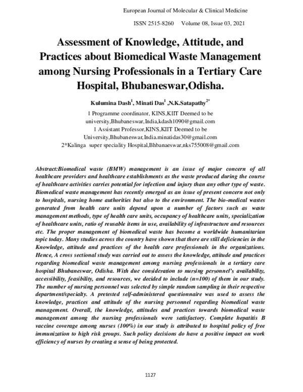 (PDF) Assessment of Knowledge, Attitude, and Practices about Biomedical Waste Management among ...