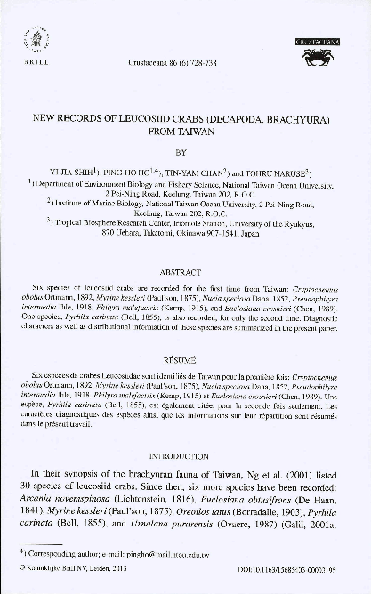 (PDF) New records of leucosiid crabs (Decapoda, Brachyura) from Taiwan