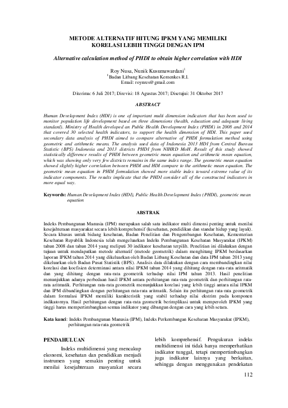(PDF) Metode Alternatif Hitung Ipkm Yang Memiliki Korelasi Lebih Tinggi Dengan Ipm