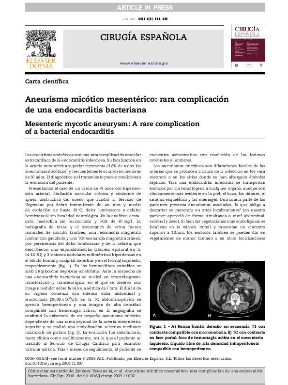 (PDF) Aneurisma micótico mesentérico: rara complicación de una ...