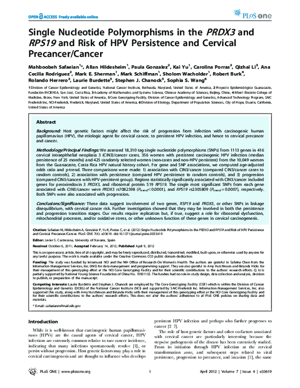 (PDF) Single nucleotide polymorphisms in the PRDX3 and RPS19 and risk of HPV persistence and ...
