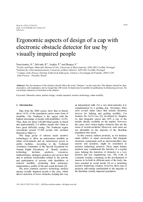 Pdf Ergonomic Aspects Of Design Of A Cap With Electronic Obstacle Detector For Use By Visually