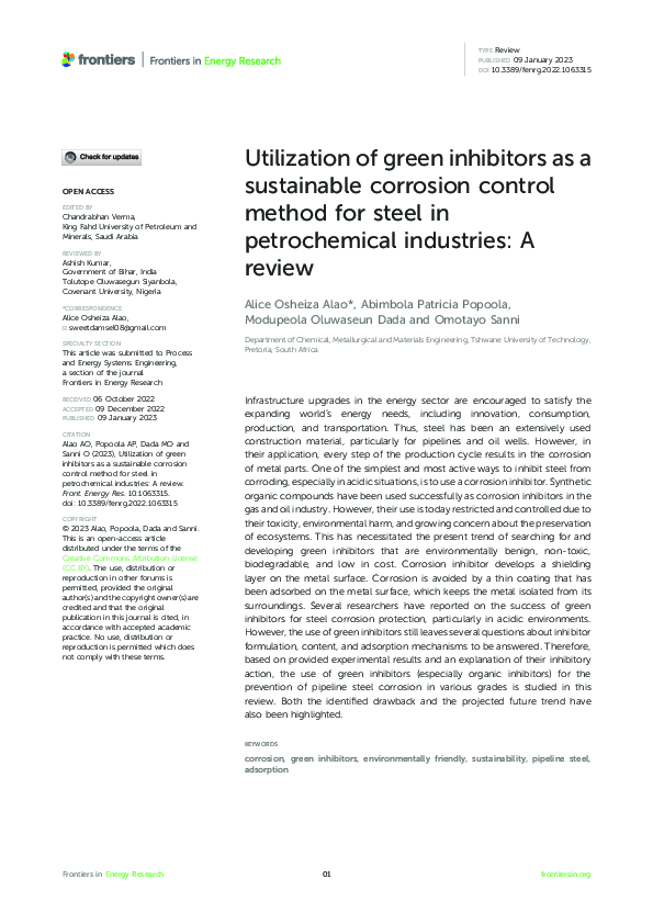 (PDF) Utilization of green inhibitors as a sustainable corrosion ...