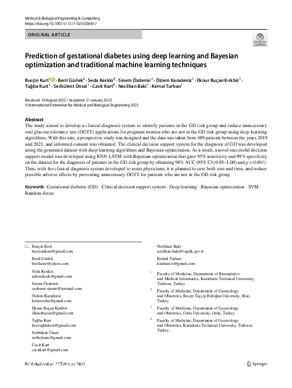 Pdf Prediction Of Gestational Diabetes Using Deep Learning And Bayesian Optimization And