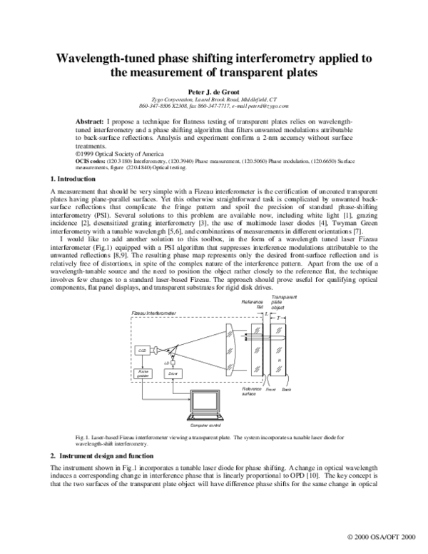 Pdf Wavelength Tuned Phase Shifting Interferometry Applied To The