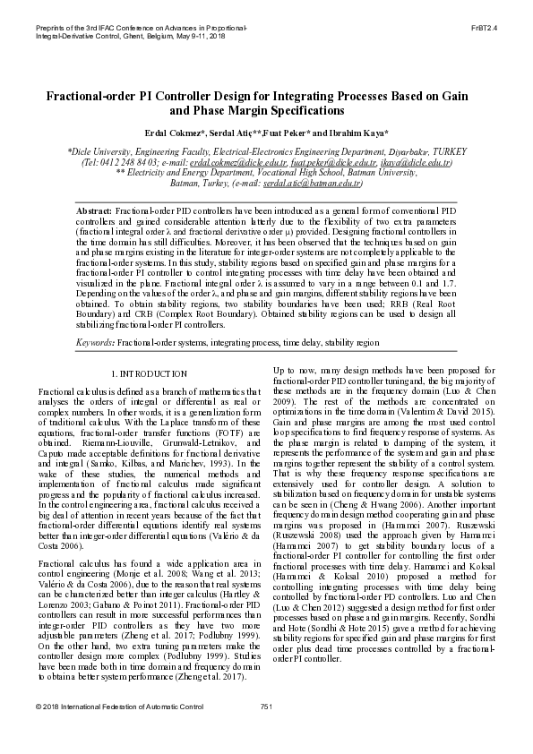 Pdf Fractional Order Pi Controller Design For Integrating Processes
