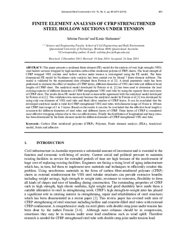 Pdf Finite Element Analysis Of Cfrp Strengthened Steel Hollow Sections Under Tension