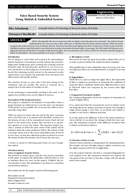 Pdf Voice Based Security System Using Matlab And Embedded System