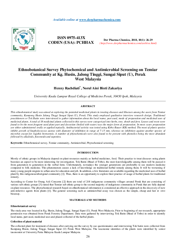 (PDF) Ethnobotanical Survey Phytochemical and Antimicrobial Screening on Temiar Community at Kg ...