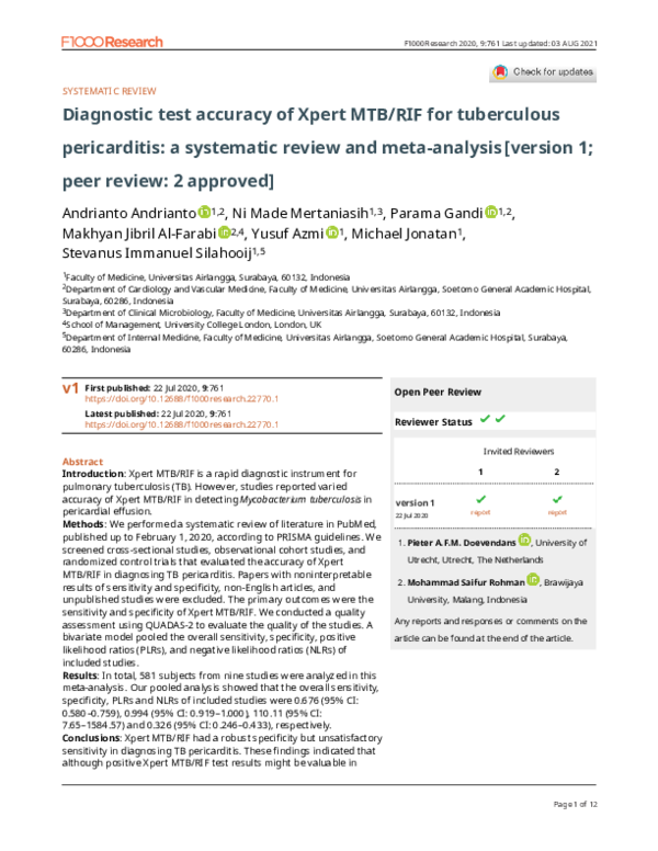 (PDF) Diagnostic test accuracy of Xpert MTB/RIF for tuberculous ...