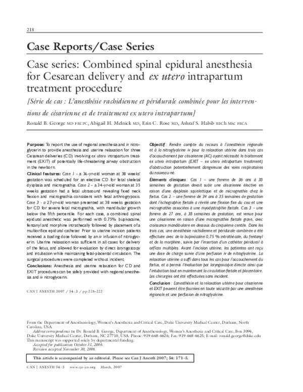 (PDF) Case series: Combined spinal epidural anesthesia for Cesarean ...