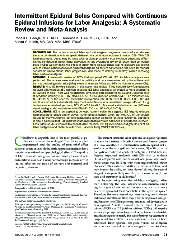 Pdf Intermittent Epidural Bolus Compared With Continuous Epidural