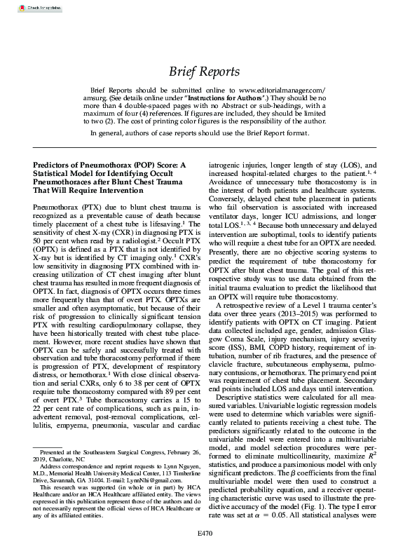 (PDF) Predictors of Pneumothorax (POP) Score: A Statistical Model for ...