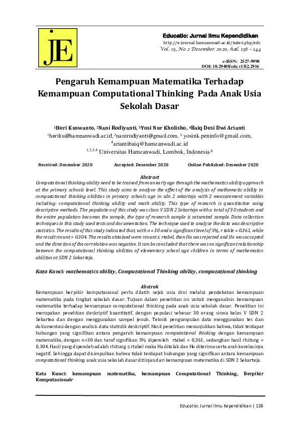 Pdf Pengaruh Kemampuan Matematika Terhadap Kemampuan Computational