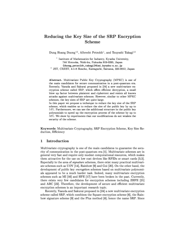(PDF) Reducing the Key Size of the SRP Encryption Scheme