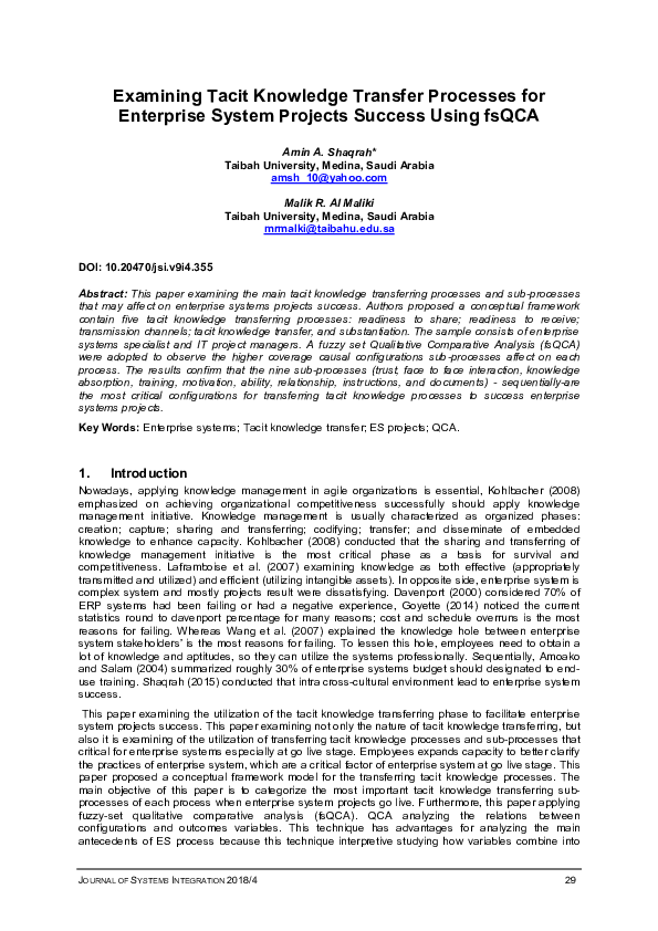 (PDF) Examining Tacit Knowledge Transfer Processes for Enterprise System Projects Success: A ...