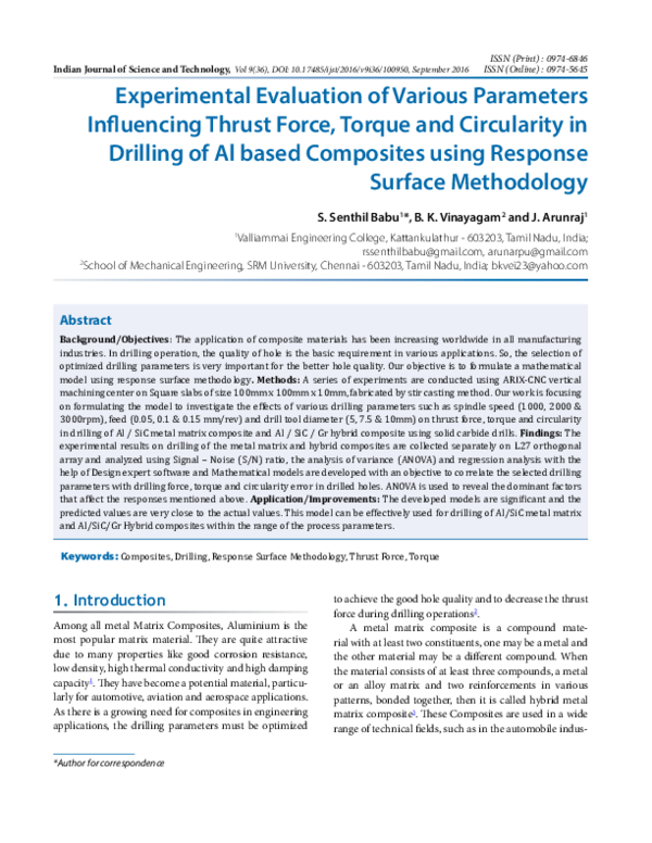 (PDF) Experimental Evaluation of Various Parameters Influencing Thrust Force, Torque and ...