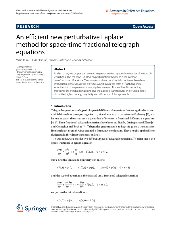 Pdf An Efficient New Perturbative Laplace Method For Space Time Fractional Telegraph Equations