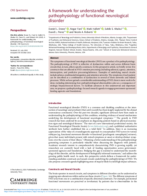 (PDF) A framework for understanding the pathophysiology of functional neurological disorder