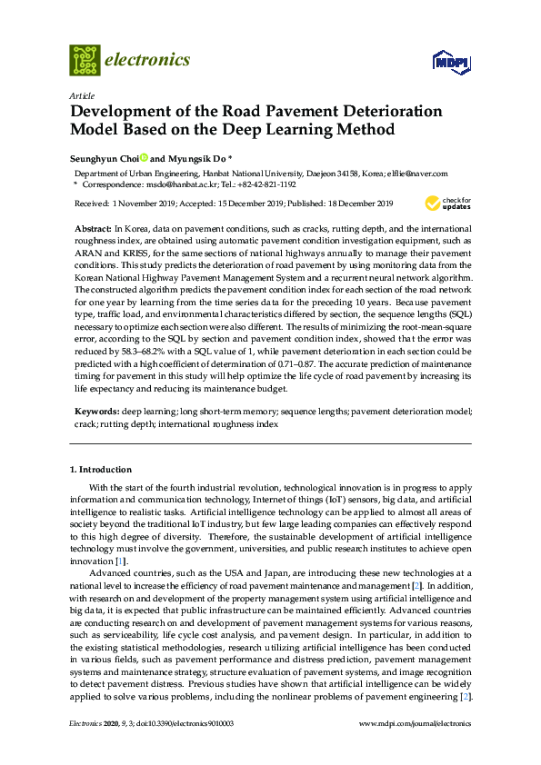 (PDF) Development of the Road Pavement Deterioration Model Based on the Deep Learning Method