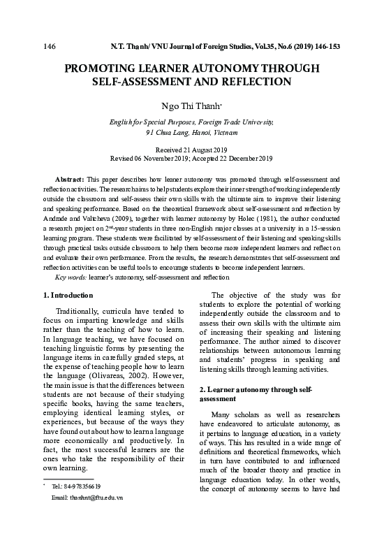 (PDF) Promoting Learner Autonomy Through Self-Assessment and Reflection
