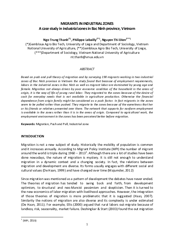 (PDF) Migrants in industrial zones. A case study in industrial zones in Bac Ninh province, Vietnam