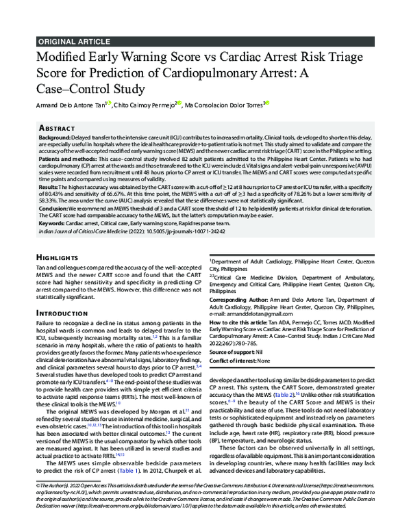 (PDF) Modified Early Warning Score vs Cardiac Arrest Risk Triage Score ...