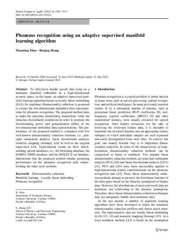 Pdf Phoneme Recognition Using An Adaptive Supervised Manifold