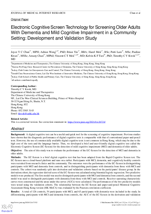 (PDF) Electronic Cognitive Screen Technology for Screening Older Adults ...